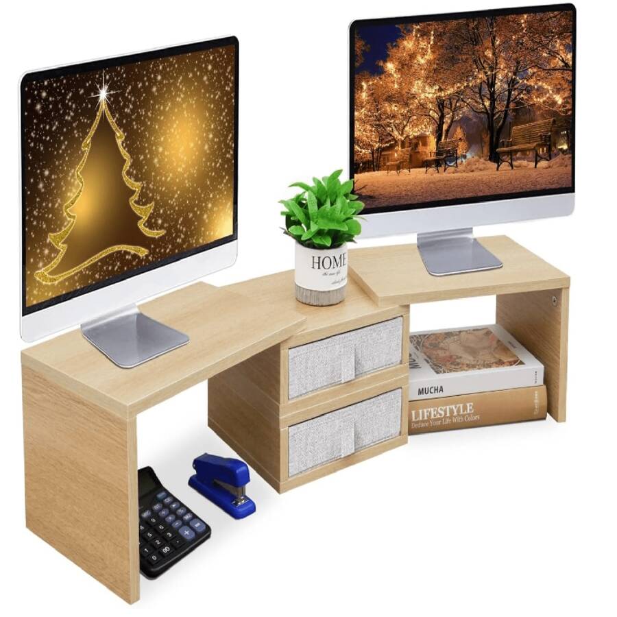42 Inch Dual Monitor Stand Riser With 2 Drawers- Length And Angle ...