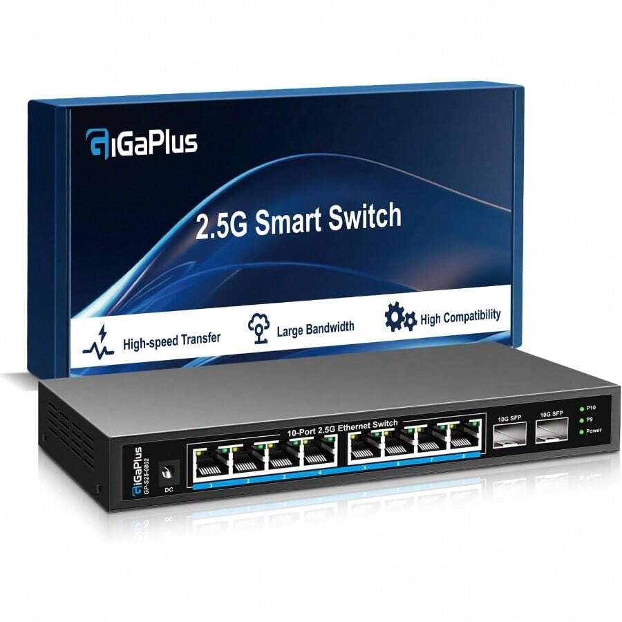 10 Port 2.5Gb Unmanaged Ethernet Switch With 8* 2.5G Base-T Ports 2* 10G SFP+ Ports. GiGaPlus 2 ...