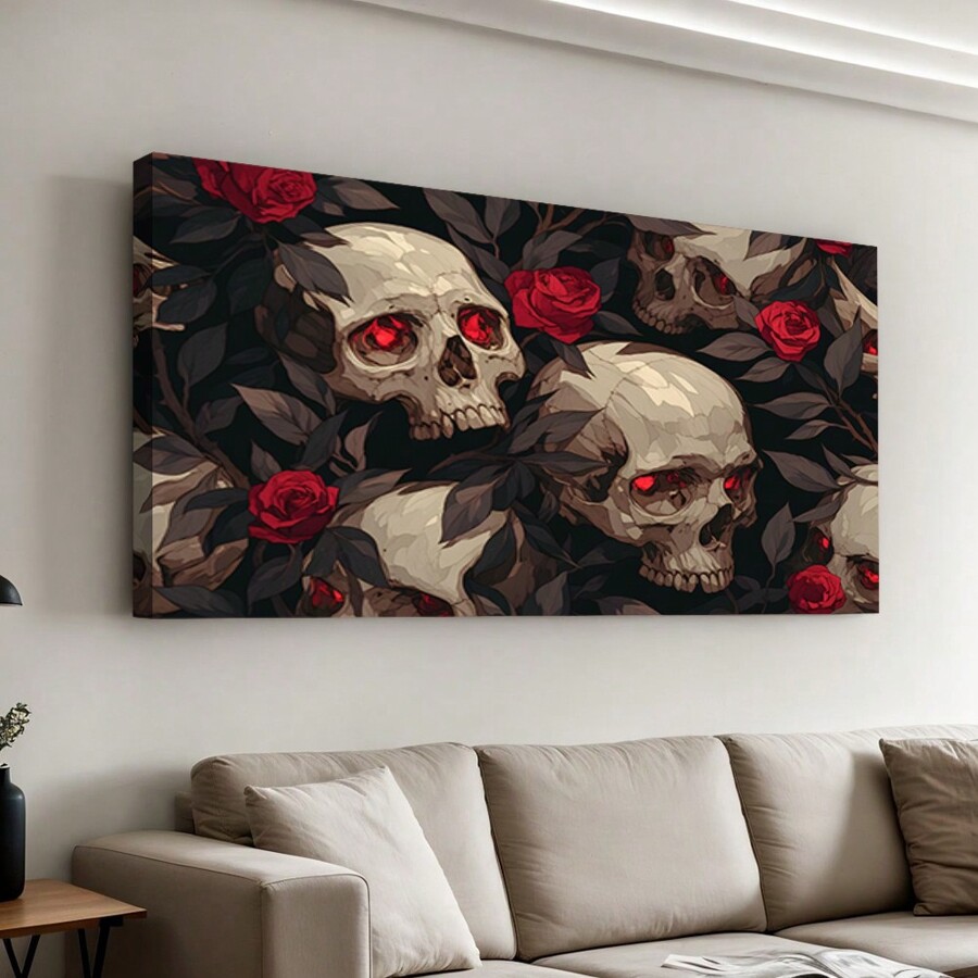 Framed-Red Roses And Skull Canvas Print, Chic Wall Decor For Modern ...