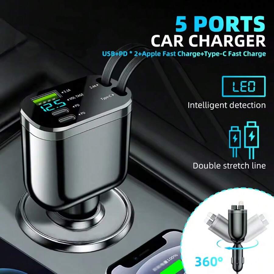 5-In-1 75W Fast Car Charger With Digital Display, Retractable Lightning ...