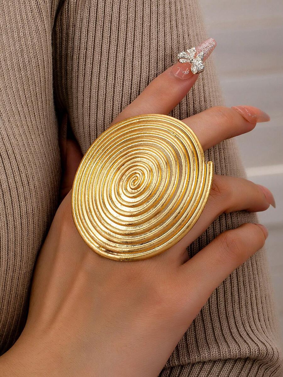 1 Pc Golden Color Oversized Spiral Pattern Chunky Statement Ring For ...