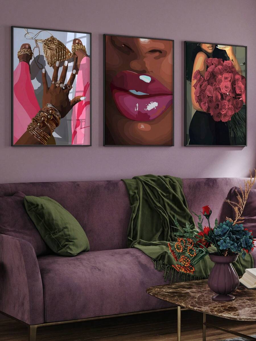 3 Pieces African American Art Posters Pink Lip Hanging Paintings Red ...