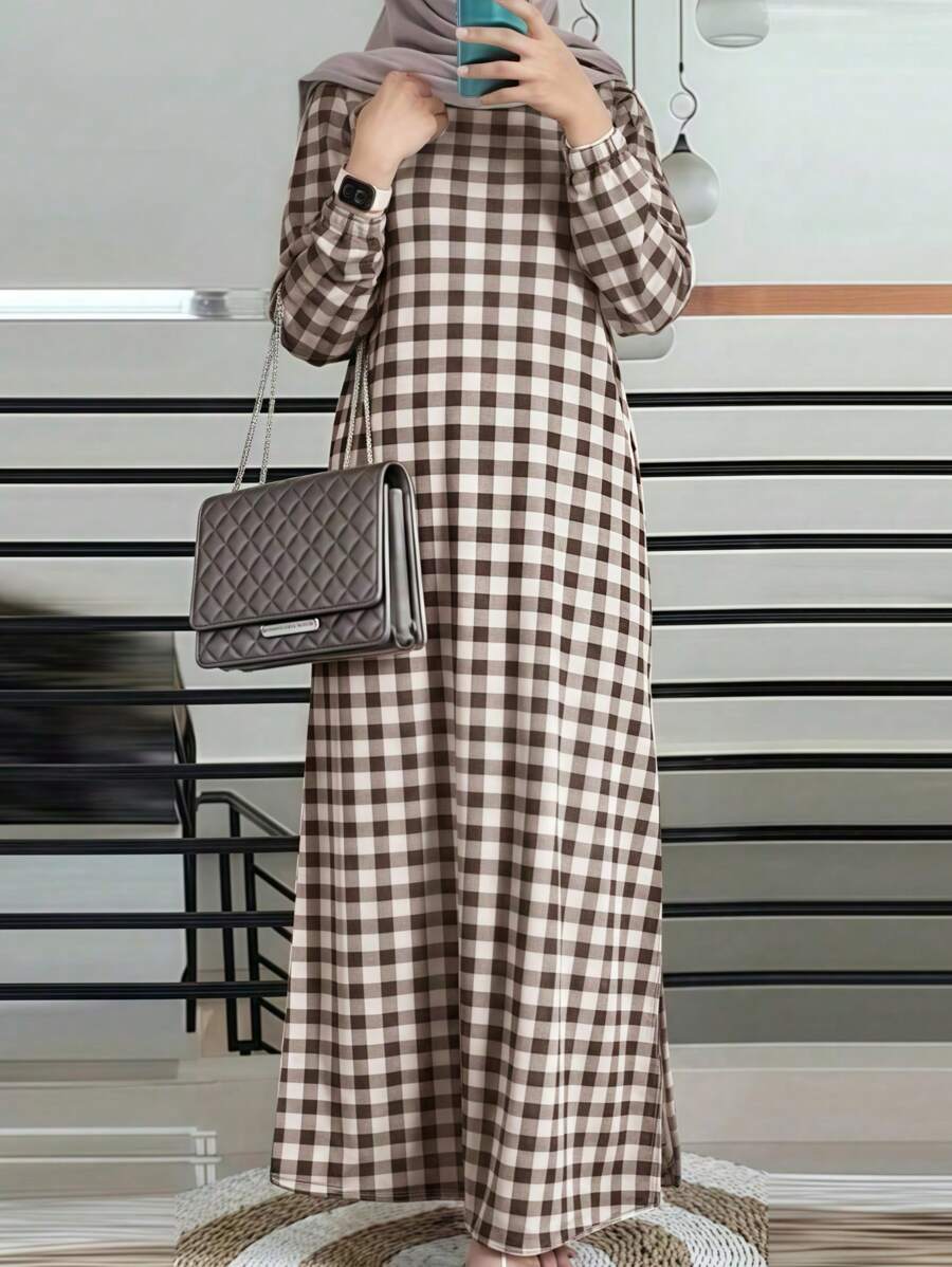 Women's Checkered Simple And Casual Long Style Arabic Dress | SHEIN EUR