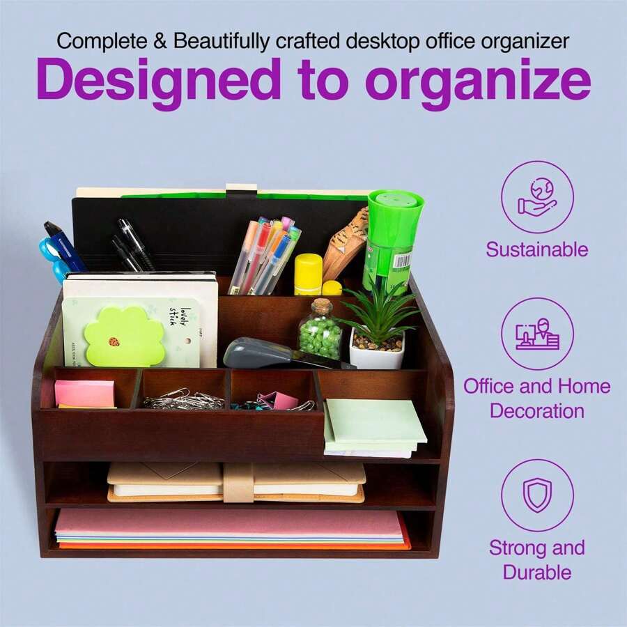 Brown Bamboo Wood Desk Organizer, Max Storage With Two File Trays ...