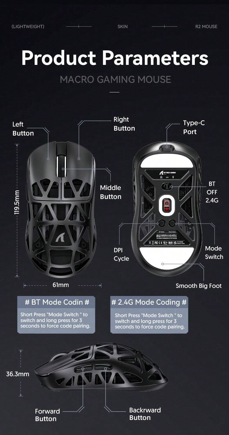 ATTACK SHARK R2 Magnesium Alloy Lightweight Wireless Mouse, PAW3950 ...