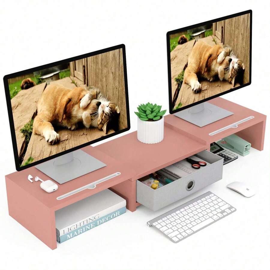 Dual 3 Shelf Computer Riser With Drawer, Adjustable Length And Angle ...