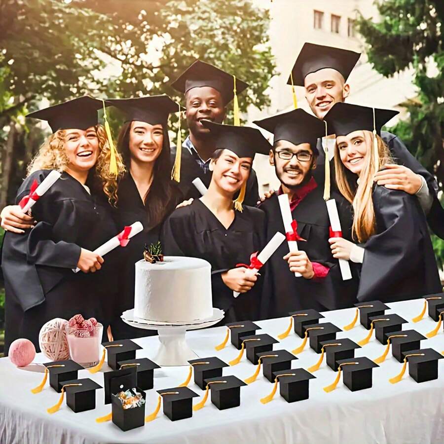 50 Pack Graduation Cap Candy Box With Yellow Tassel, DIY Paper Gift ...