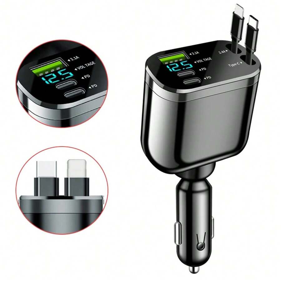 5-In-1 75W Fast Car Charger With Digital Display, Retractable Lightning ...