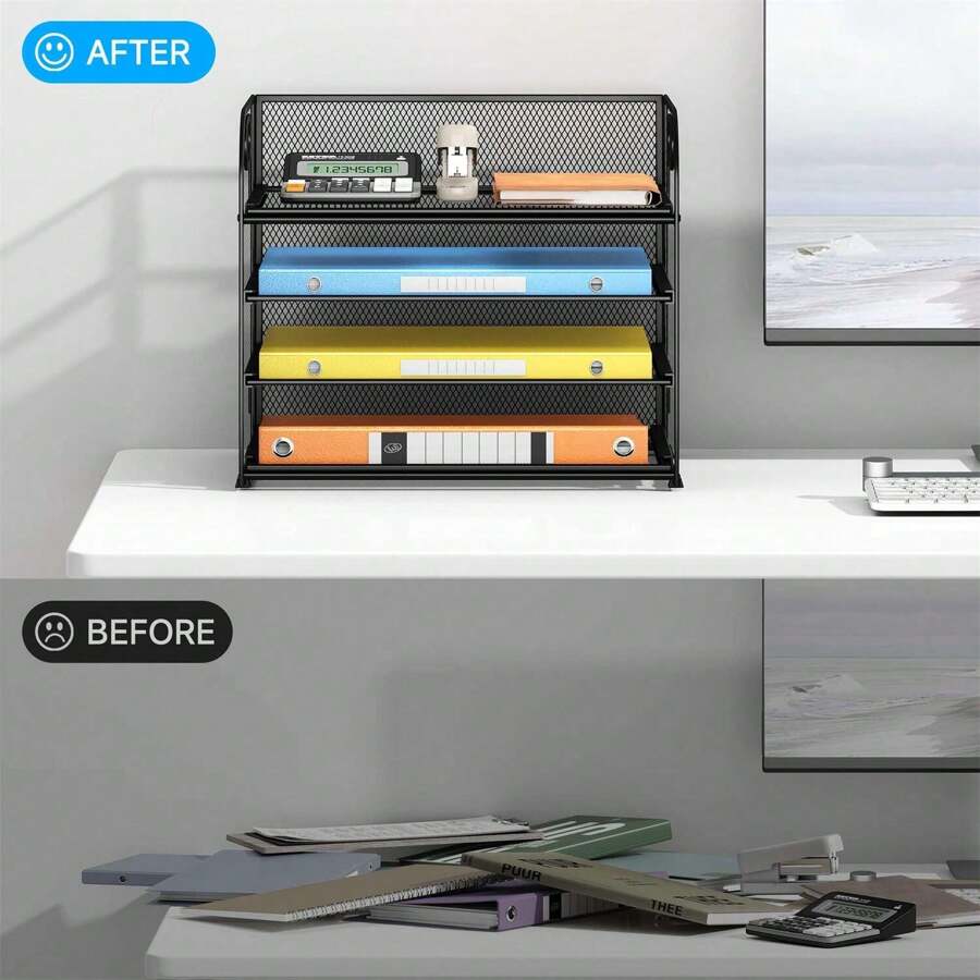 Paper Organizer For Desk, 4-Tier Desk Organizer Tray, Mesh Desktop File ...