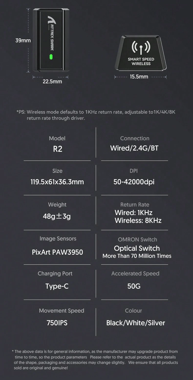 ATTACK SHARK R2 Lightweight Magnesium Alloy 4K/8K Bluetooth Wireless Optical Mouse, 3-Mode ...