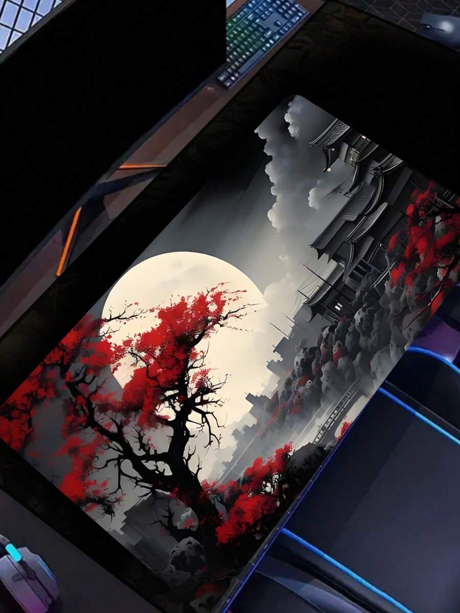 Riverside Japan Full Moon In Black And Red, Long Mouse Pad, Extra Large ...