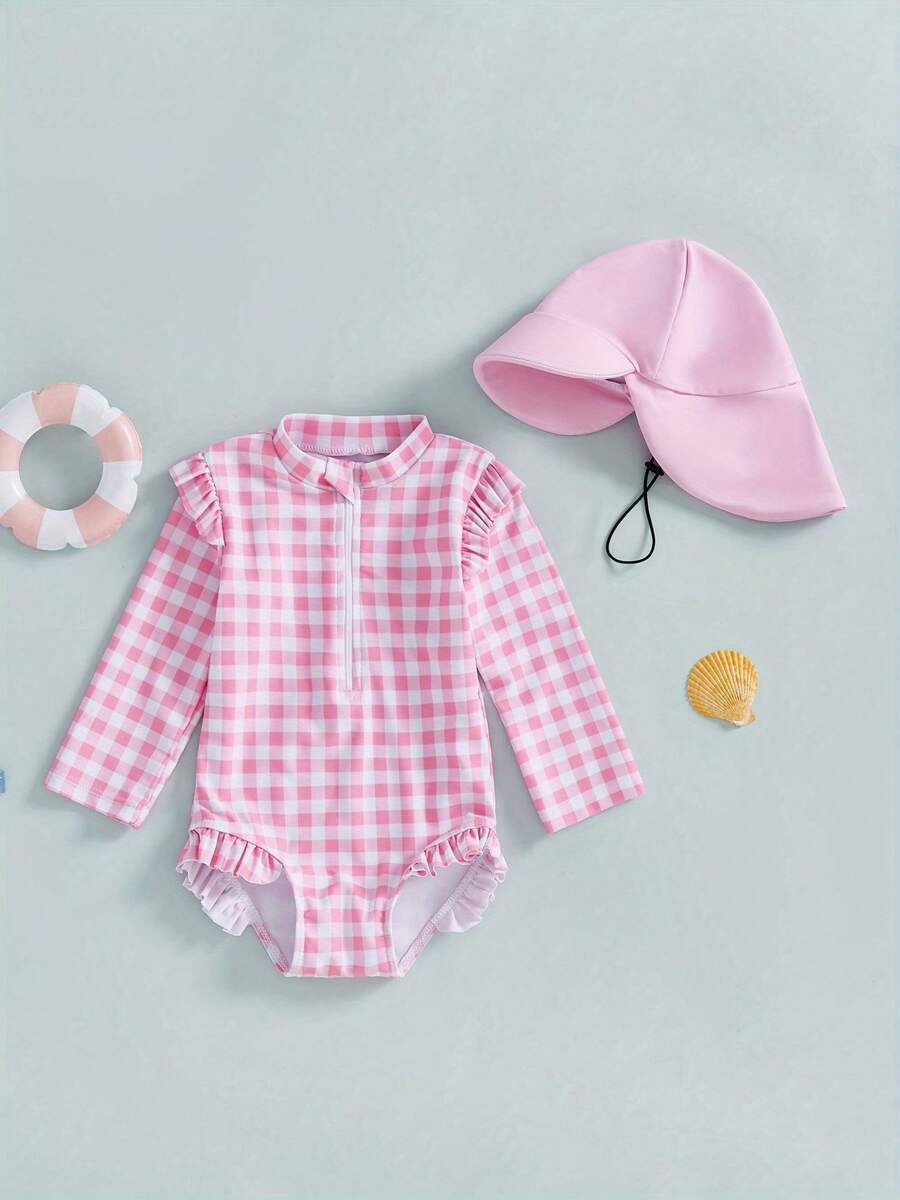 Toddler Girls Rash Guard Swimsuit With Hat 2 Pcs Set Plaid Pattern Zip ...