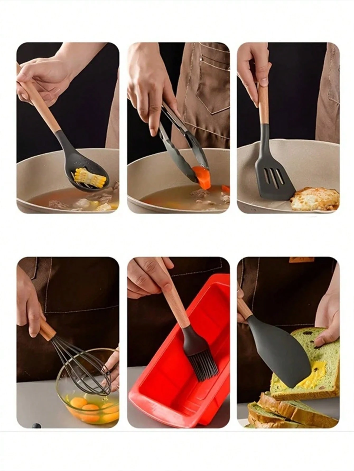 Silicone Nonstick Cooking Utensil Set With Stands, Wooden Handle, Heat ...