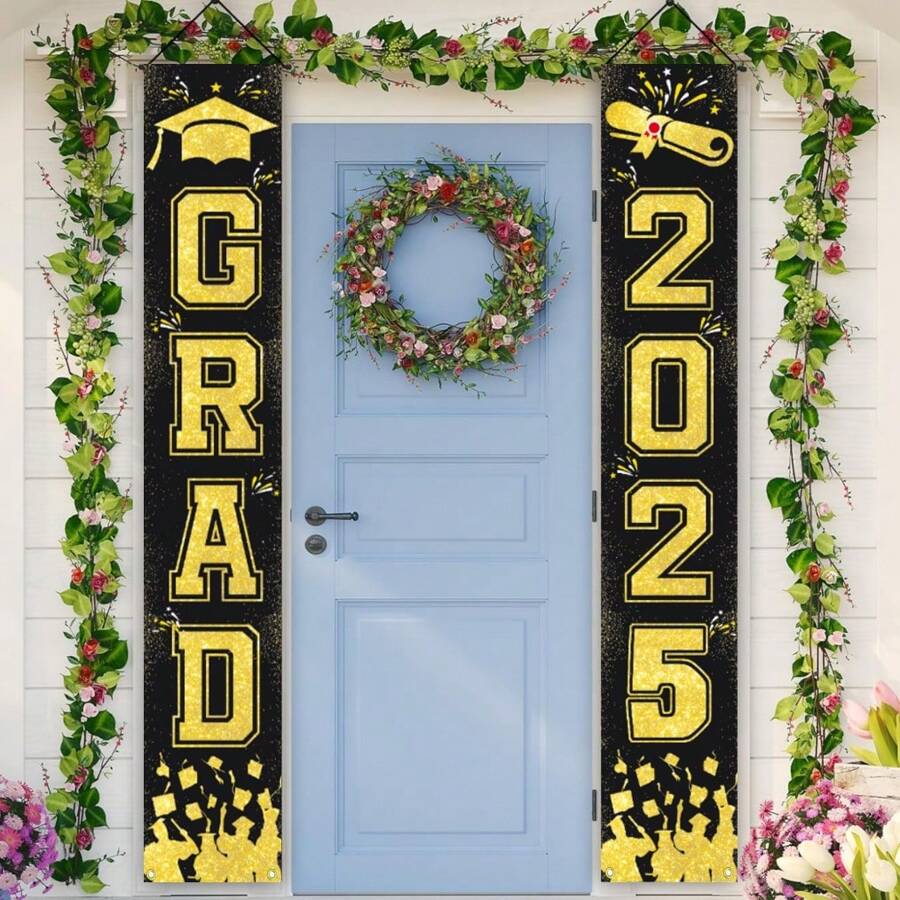 2 piezas Pancarta para puerta de graduación 2025 en negro y dorado ...