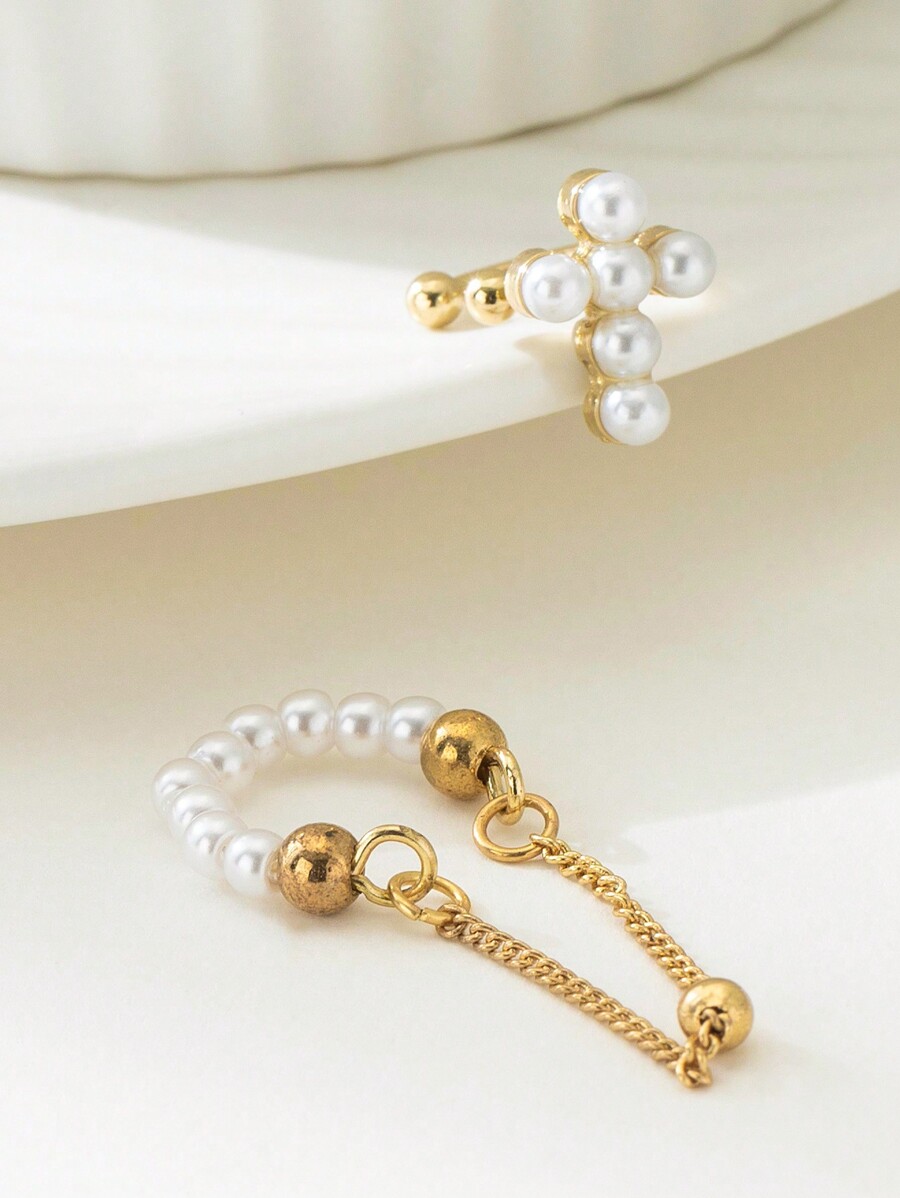 1 Set Cross & Pearl Ear Cuffs, Suitable For Daily Wear And Festivals ...
