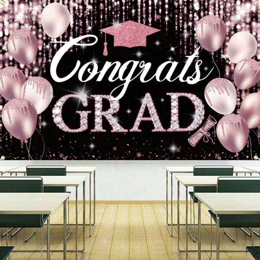1 Pc Congrats Grad Banner, Black And Gold, Flowers, PINK And White Graduation Banner Graduation ...