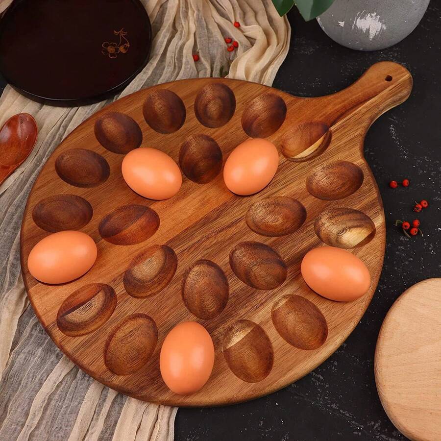 Deviled Egg Platter, Wooden Deviled Egg Tray 24 Holes Round Egg Holder ...
