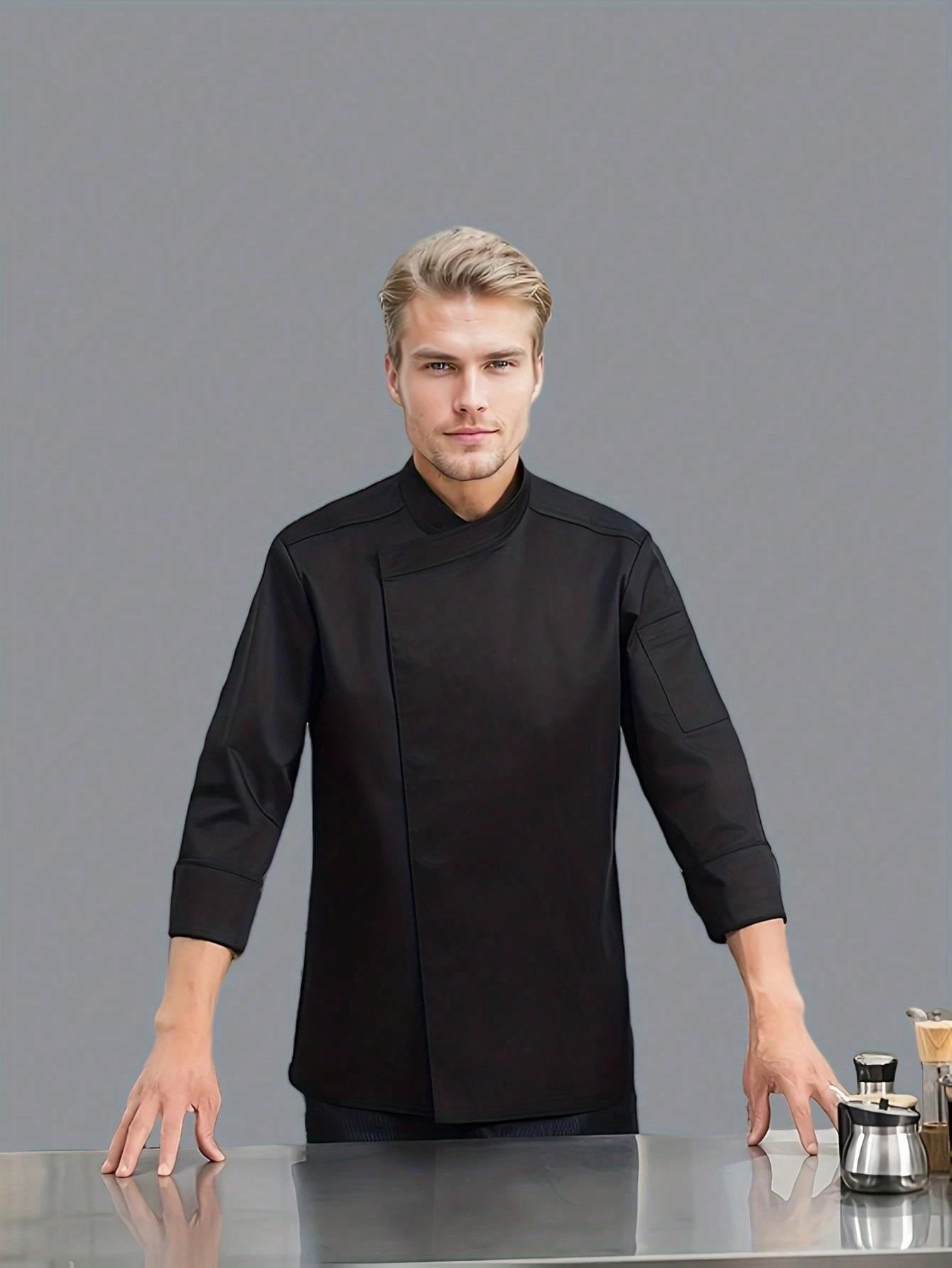 Men's Premium Chef Jacket, Oblique Collar Hidden Buttons, Work Uniform ...