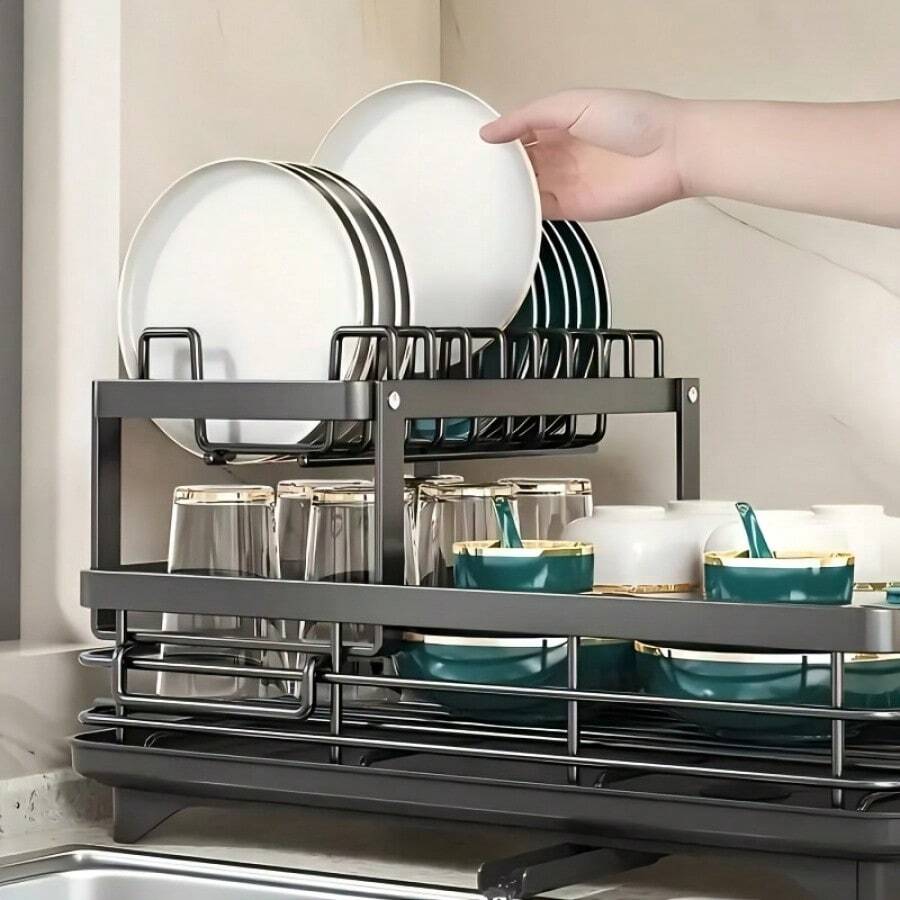 Dish Rack, Two-Tier Kitchen Countertop Dish Rack, Large Stainless Steel ...