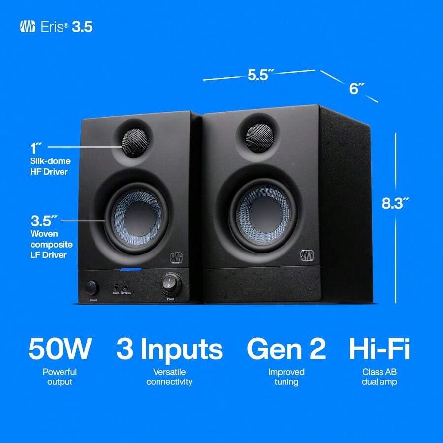 PreSonus Eris 3.5 Gen 2 Studio Monitor Speakers Pair 3.5 Inch 2-Way ...