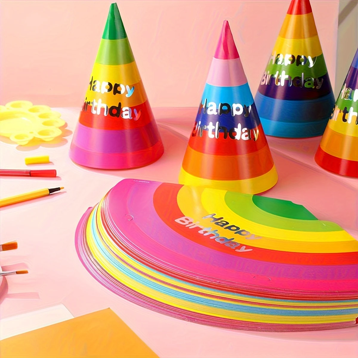 Pack Of 12 Rainbow Happy Birthday Party Hats, Disposable Paper Cone ...