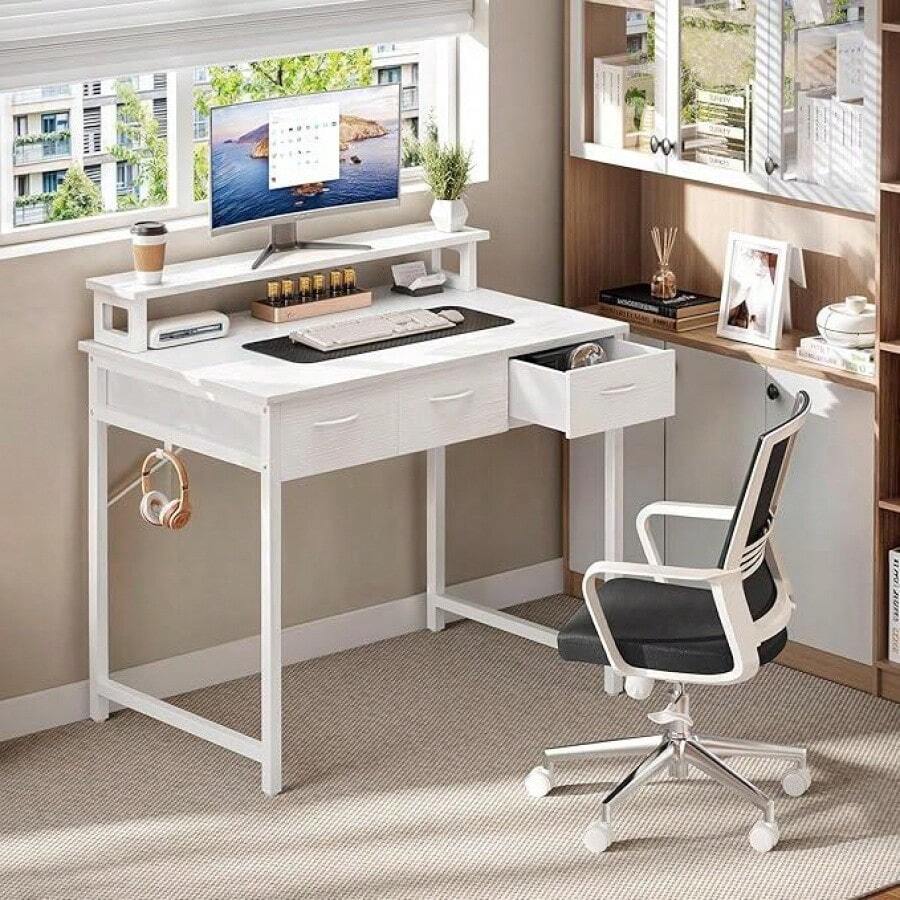 YITAHOME Small Computer Desk With Drawers, Office Desk With Monitor ...