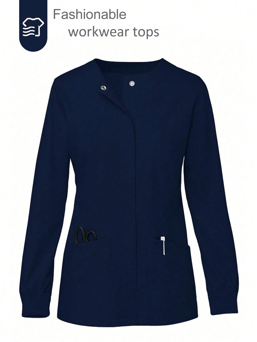 Women's Scrunched Front Scrubs Uniform Jacket With Pockets, Long Sleeve ...