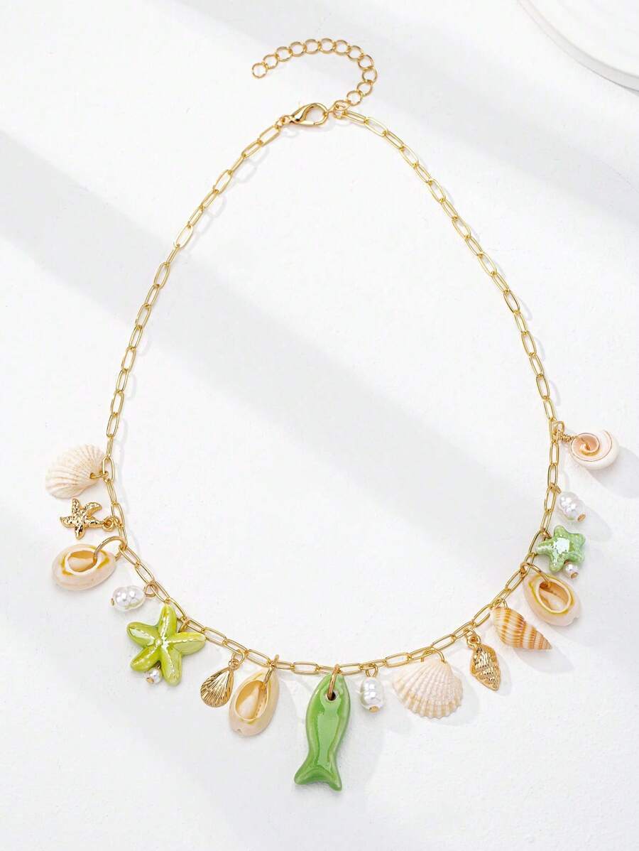 1pc Handmade Spring Summer Shell, Starfish & Fish Charm Necklace, Beach Style Sea Life Multi ...