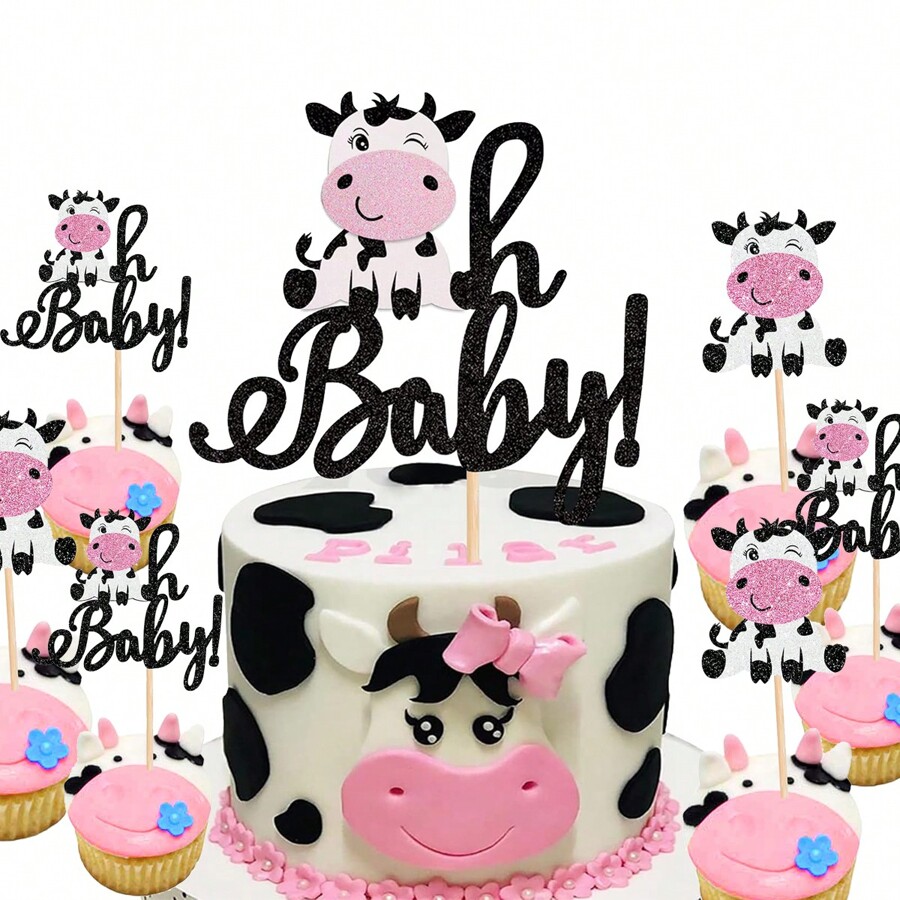 1pc Shiny Cow Cake Topper, Farm Animal Cow Cake Decor For Birthday ...