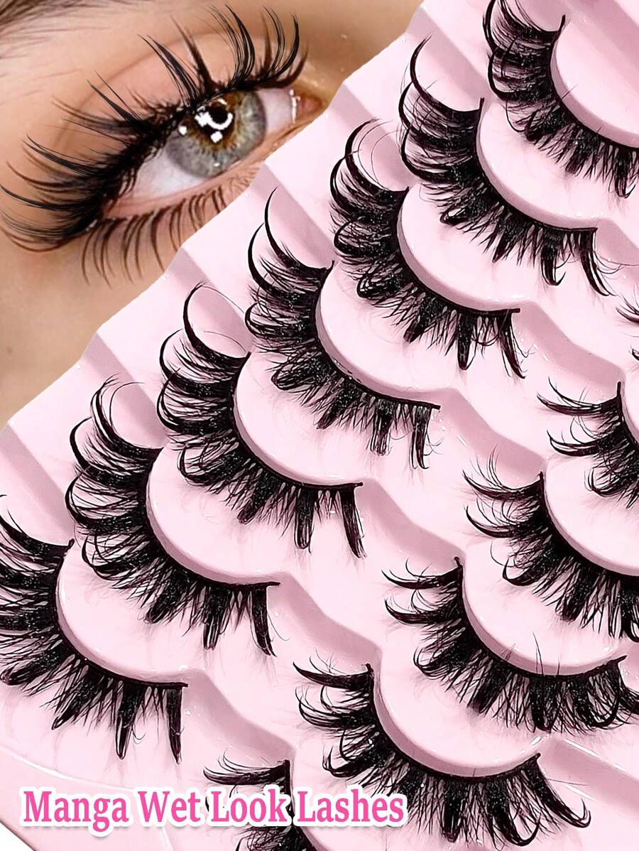 7 Pairs Manga Style Cat Eye Wet Look Lashes Winged Wispy Natural Long ...