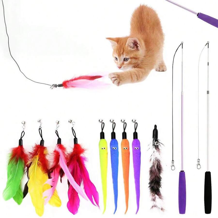 Cat Teaser Wand Doll Set With Soft Plush Replaceable Feather Heads ...
