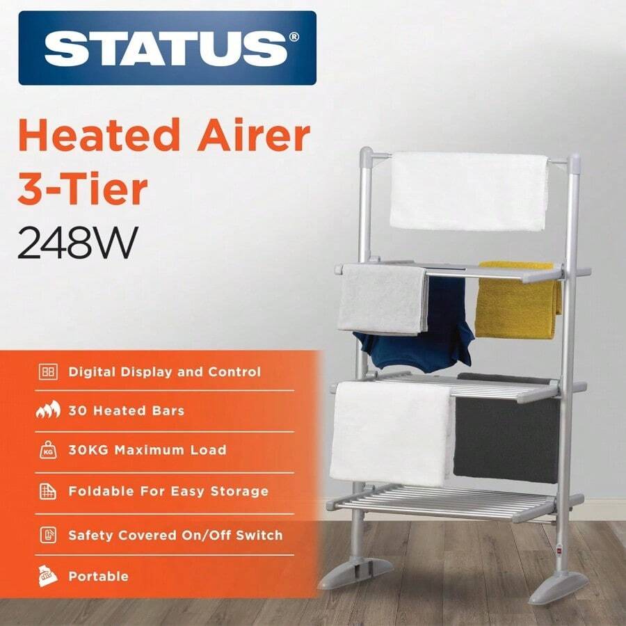 Status Heated Clothes Airer | Aluminium Clothes Ying Rack | 3 Tier Electric Heated Airer 248w ...