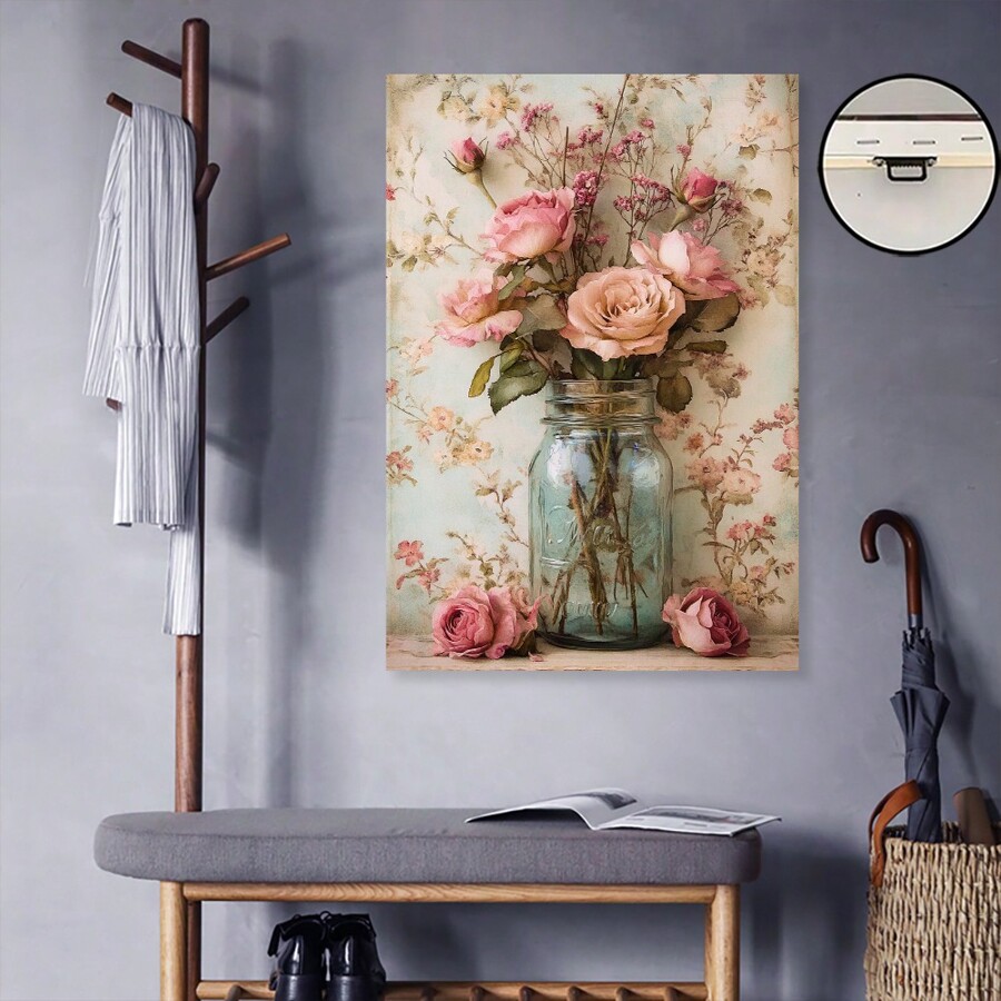 Framed Gorgeous Canvas Art Of Lovely Pink Roses Blooming In A Vintage ...