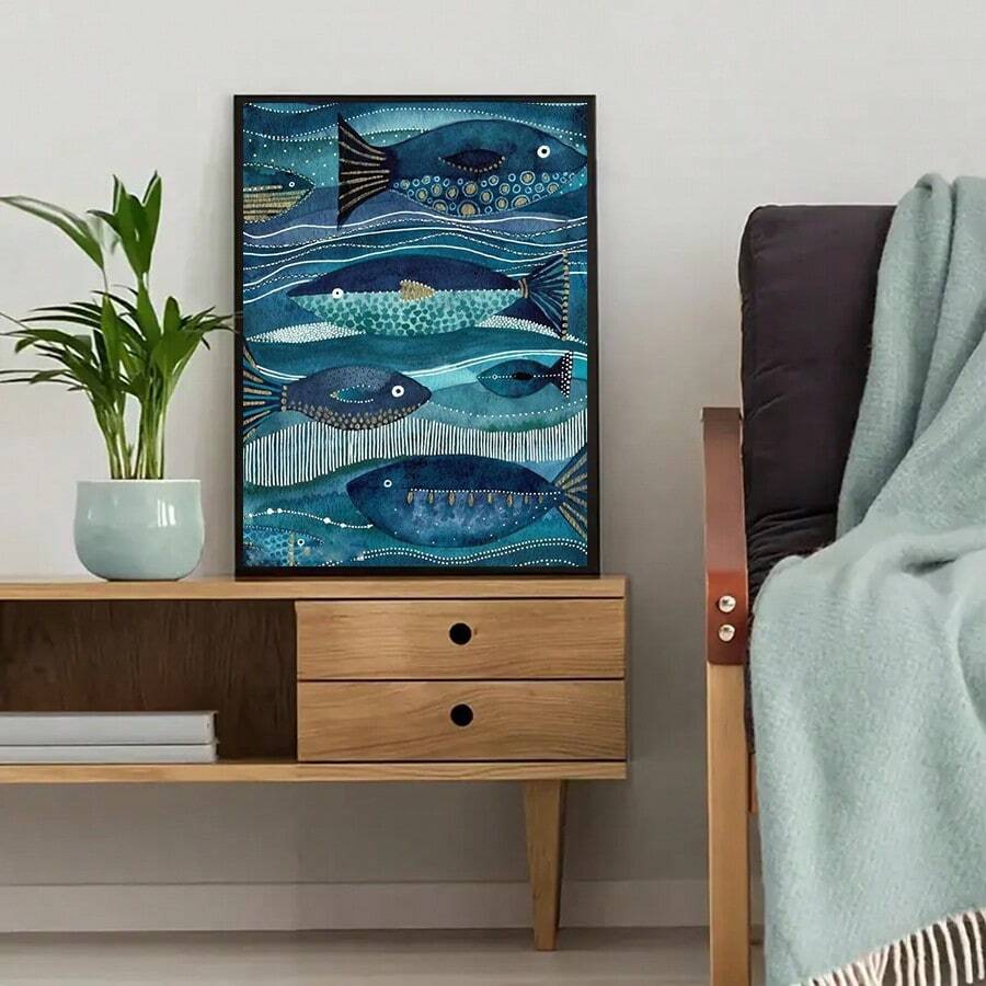 1pc Modern Abstract Fish Underwater Animals Canvas Painting, Marine ...