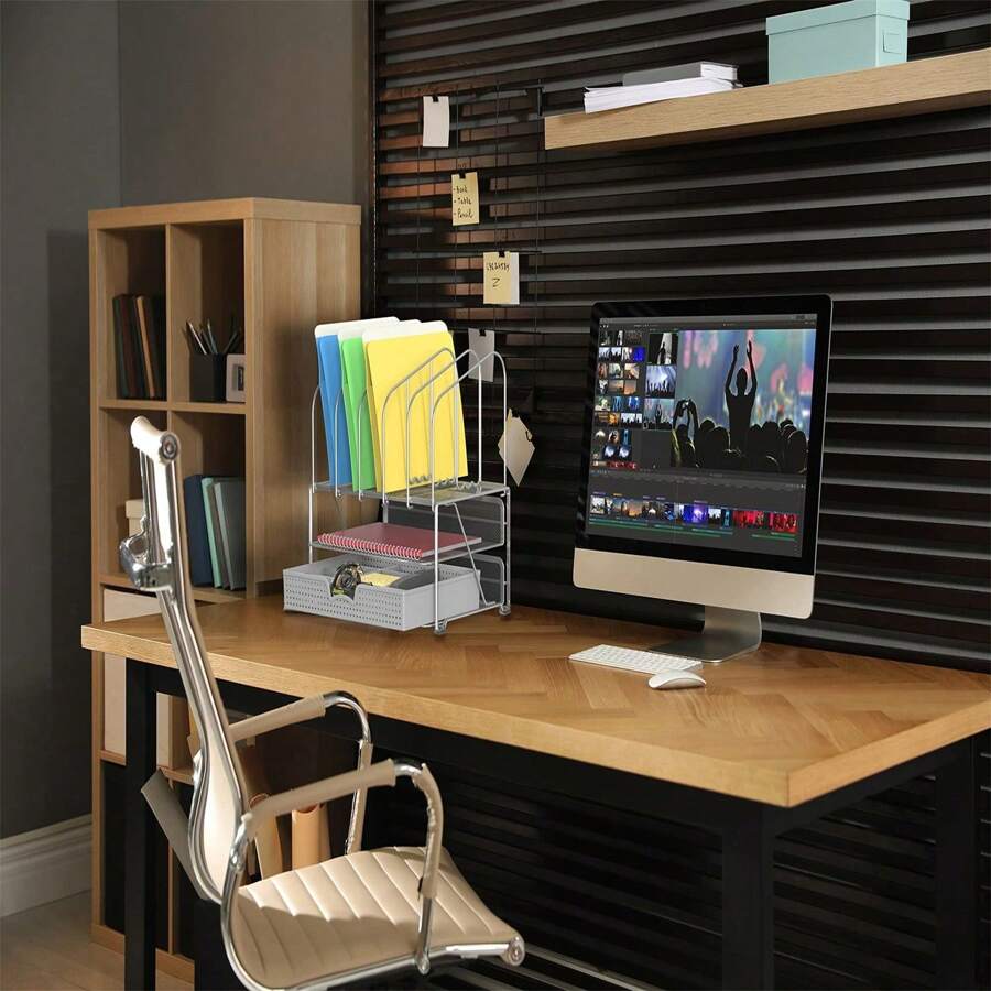 Desk File Organizer With Letter Tray And 5 Upright File Stand, Silver ...