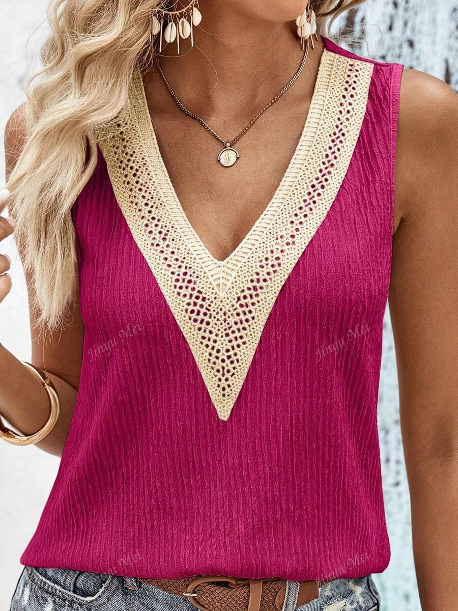 Women V-Neck Applique Sleeveless Tank Top, Solid Color Textured Fabric ...