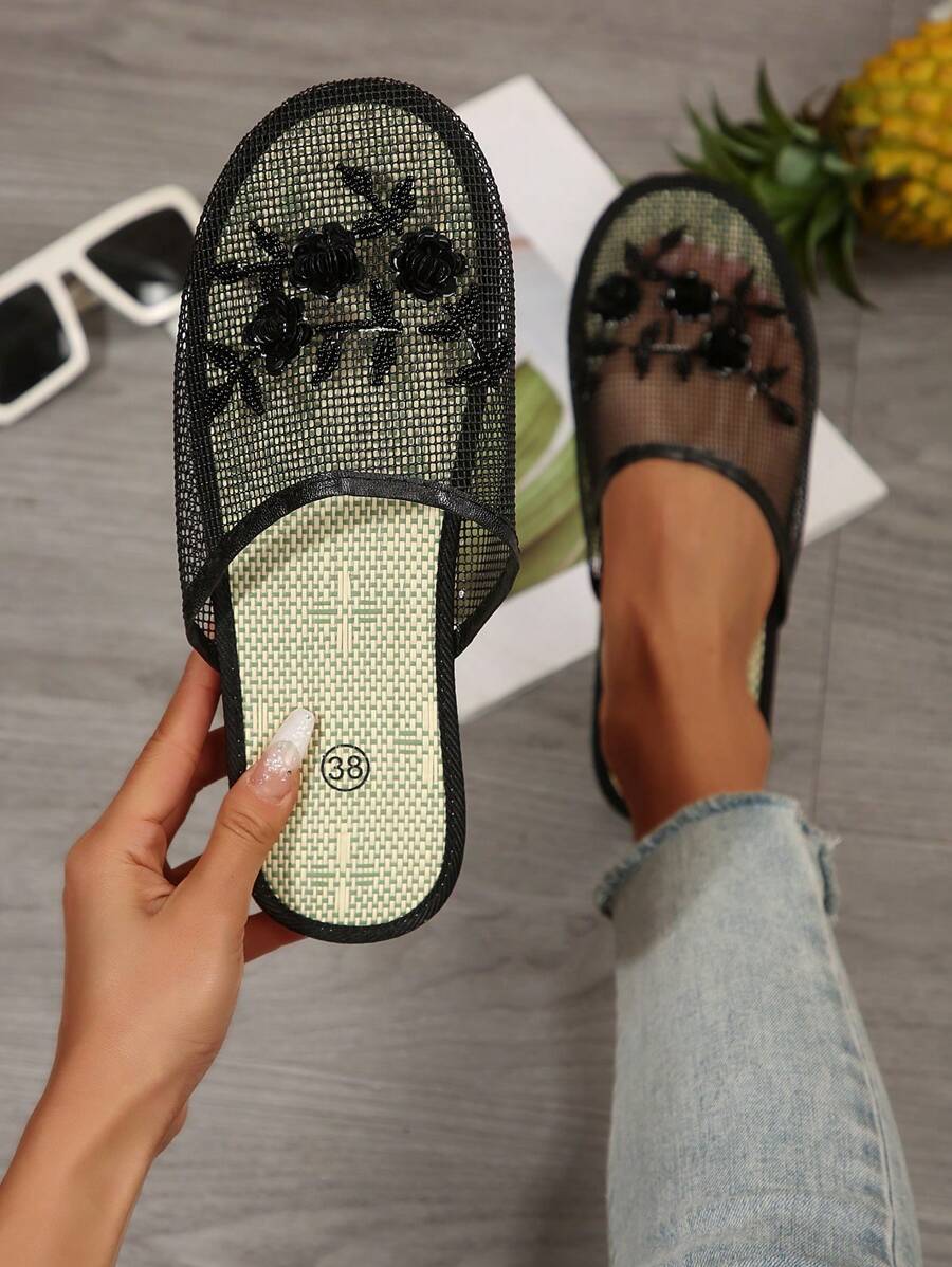 2025 Model Women's Handmade Embroidered 3 Flower Sequin Net Fabric Mule ...