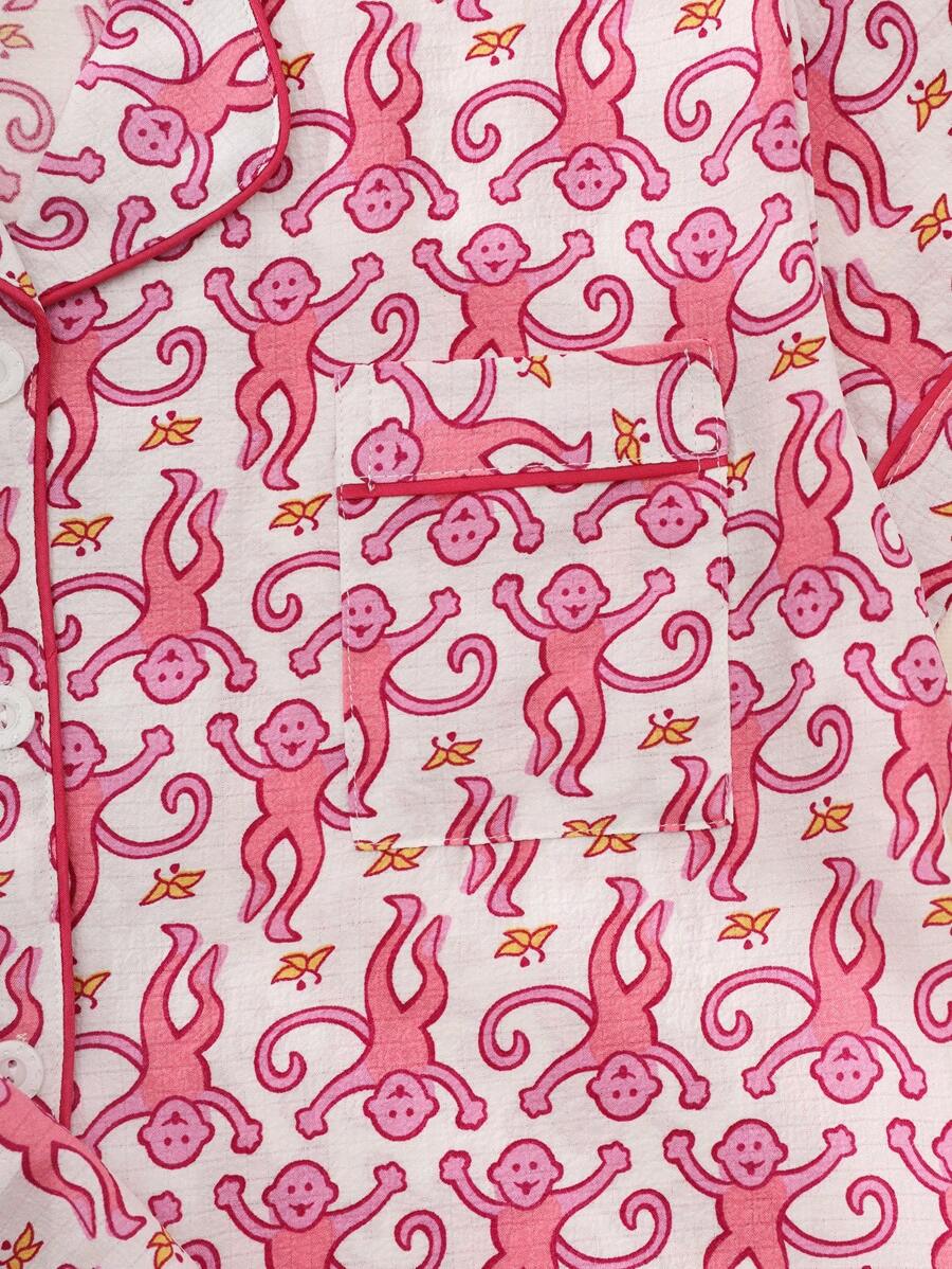 2Pcs Women's Monkey Printed V-Neck Button Short Sleeve Single-Breasted ...