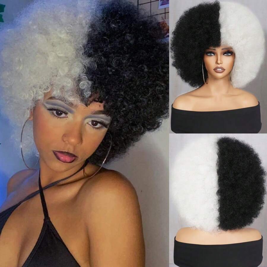 Peluca afro con flequillo de los 70, mitad negra y mitad blanca, rizada ...