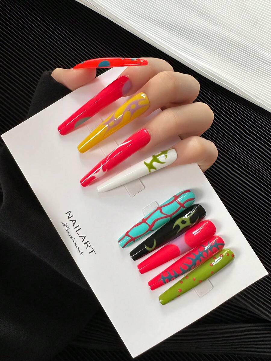 10PCS/Bag 2.2Inch Long Coffin ColorFul Handmade Press On Nails, Y2K ...