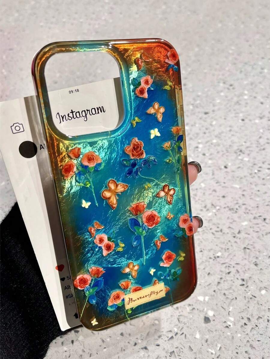 เคสโทรศัพท์นิชดีไซน์การย้อมสีสวยงามลายดอกกุหลาบและผีเสื้อ ใช้ได้กับ ...