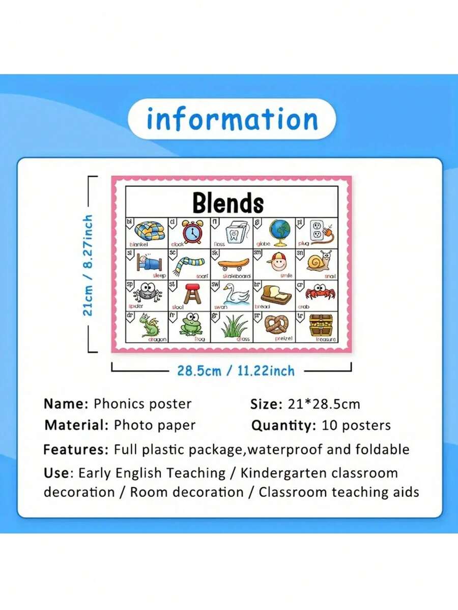 10 Pcs/Set English Phonetic Alphabet Learning Posters, Preschool School ...