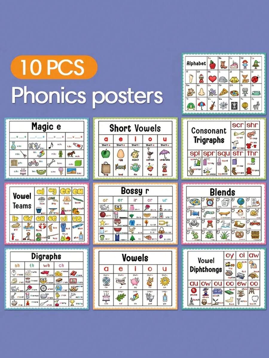 10 Pcs/Set English Phonetic Alphabet Learning Posters, Preschool School ...