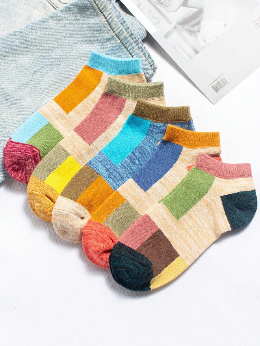 5 Pairs Men's Casual Colorblock Sport Ankle Socks, Black, White, Yellow ...