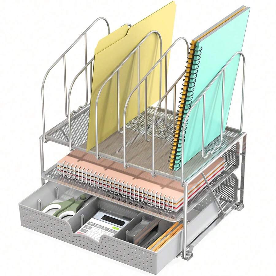 Desk File Organizer With Letter Tray And 5 Upright File Stand, Silver ...
