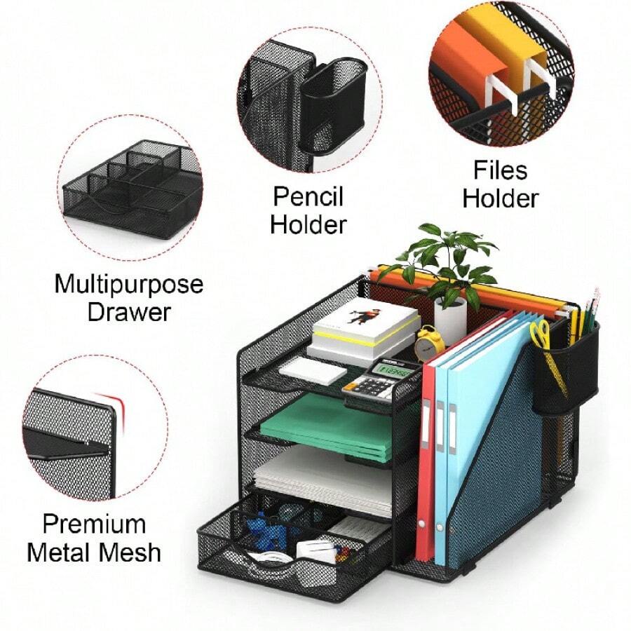 Hanging File Rack+Drawer+Pen Container, Black Grid Desktop Finishing ...