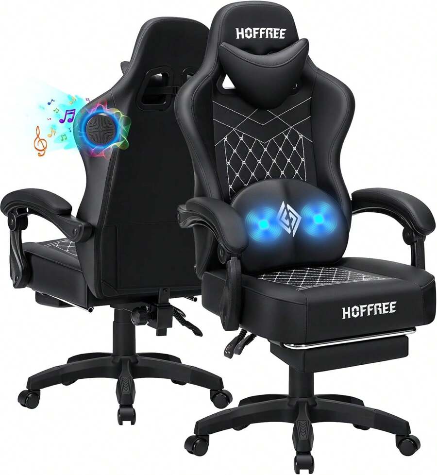 HOFFREE Gaming Chair With Bluetooth Speakers Massage Lumbar Ergonomic ...