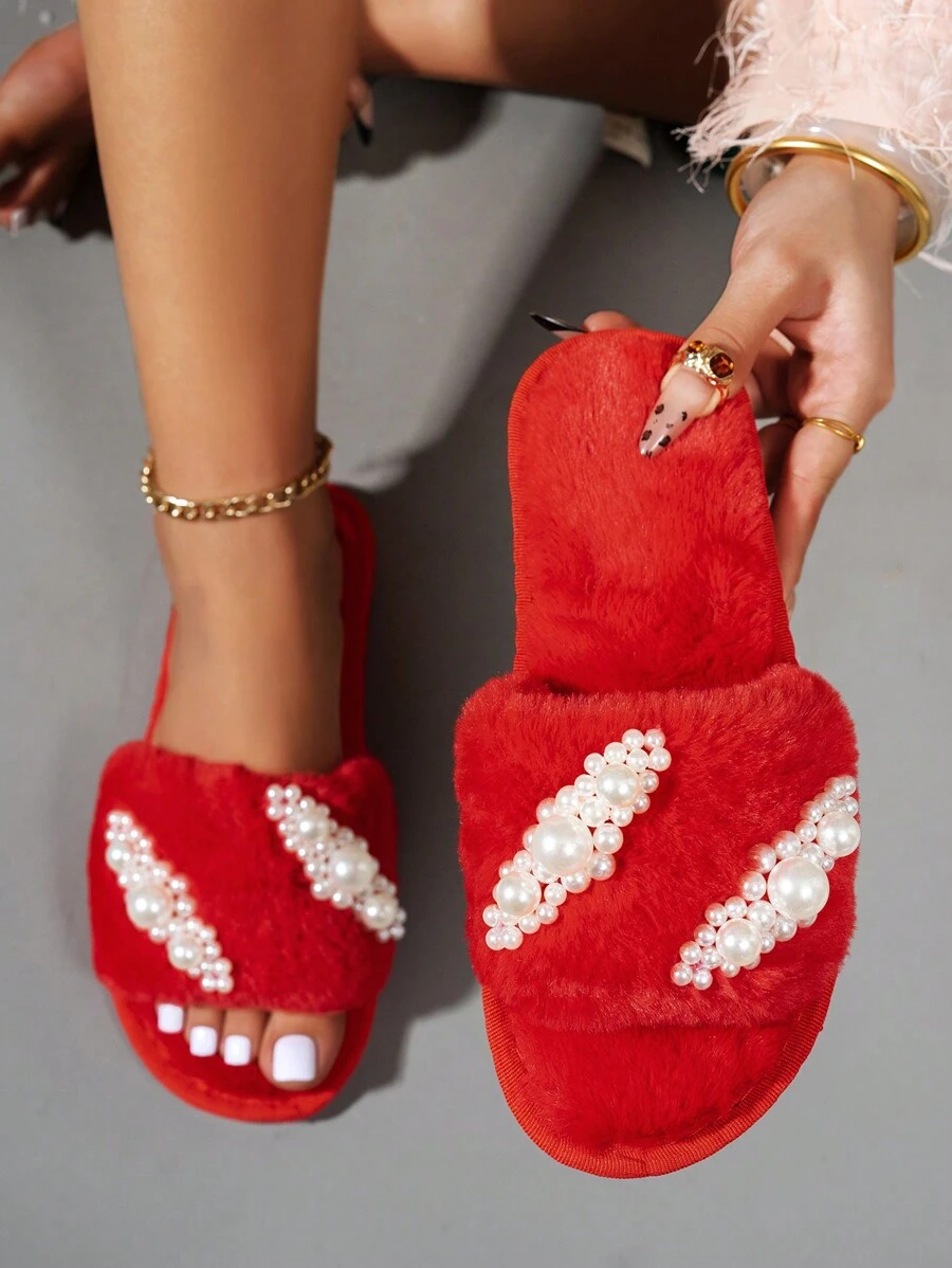 Rhinestone Bow Slippers For Women, Indoor Home Fluffy Simple Fashion ...