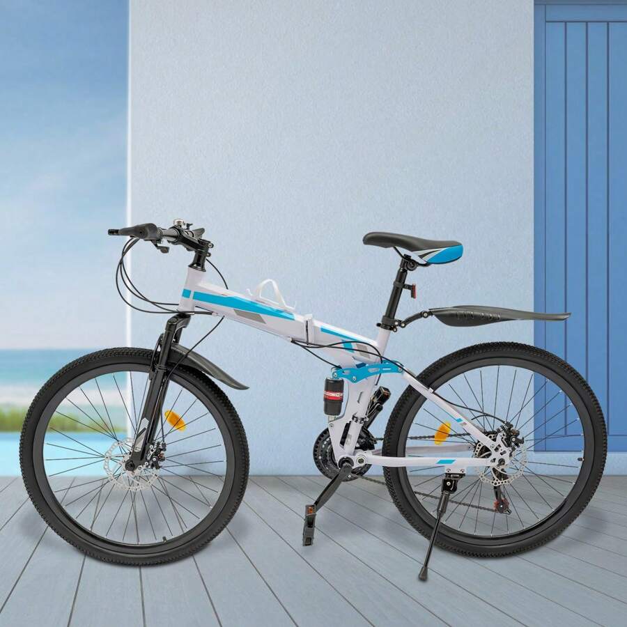 OUKANING 26" Folding Bike Full Suspension Mountain Bike 21 Speed Mens ...