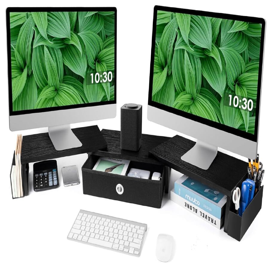 Dual Monitor Stand Riser W/ Drawer & Metal Leg, Large Computer Monitor ...